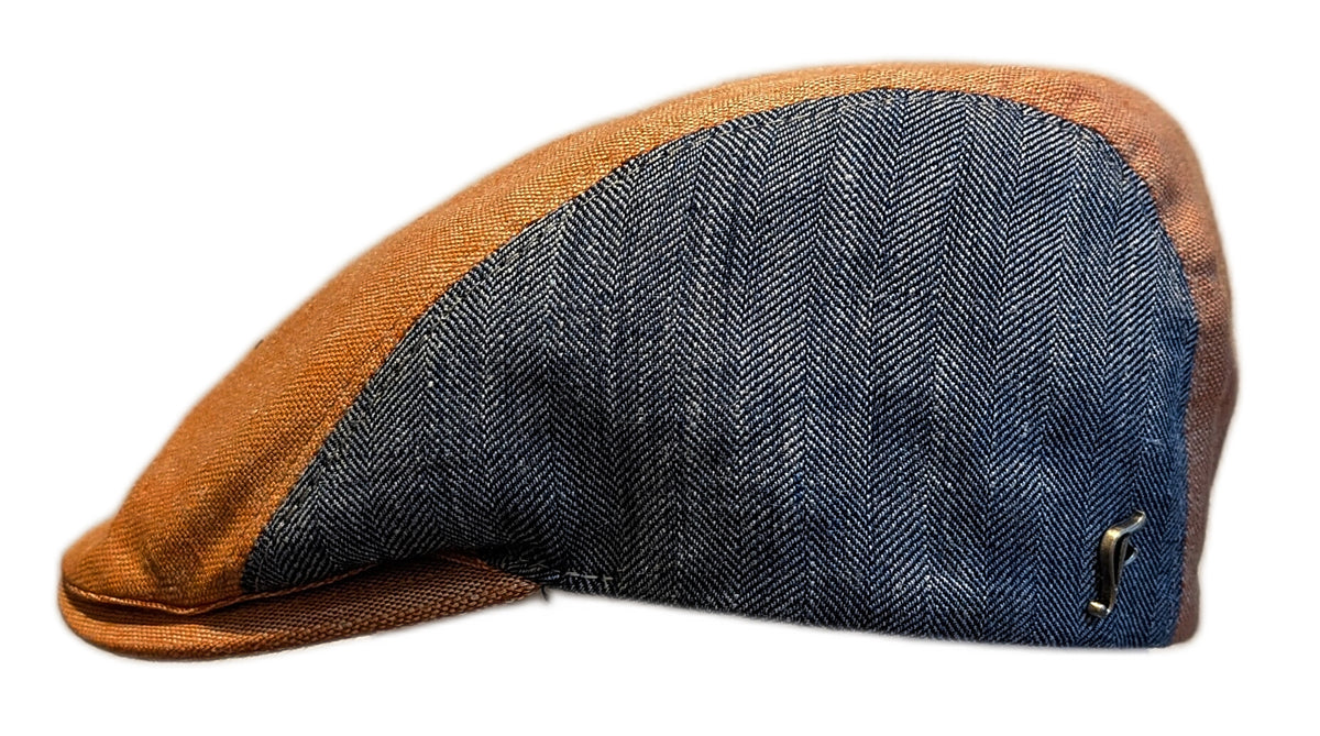 Flechet Linen 3 panel flat cap in Orange/Blue Herringbone Pattern ...