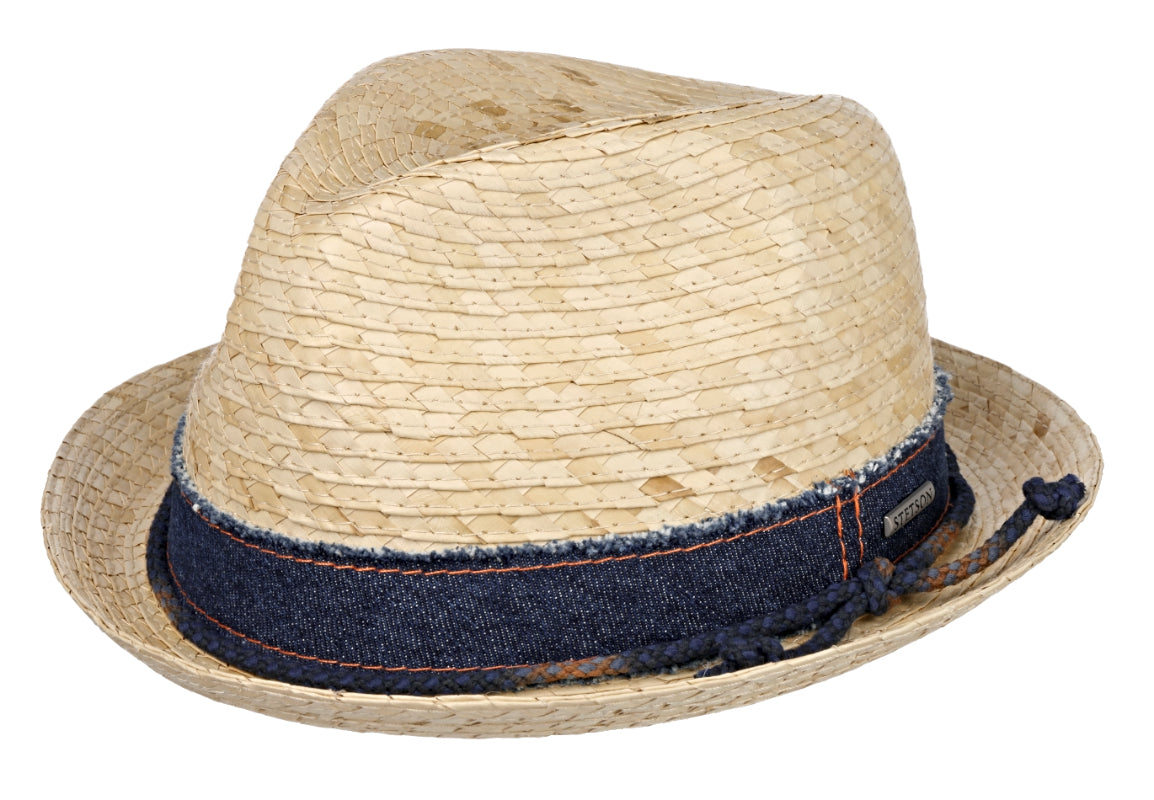 Stetson Palm straw Trilby in Natural with dark Denim and rope band ...