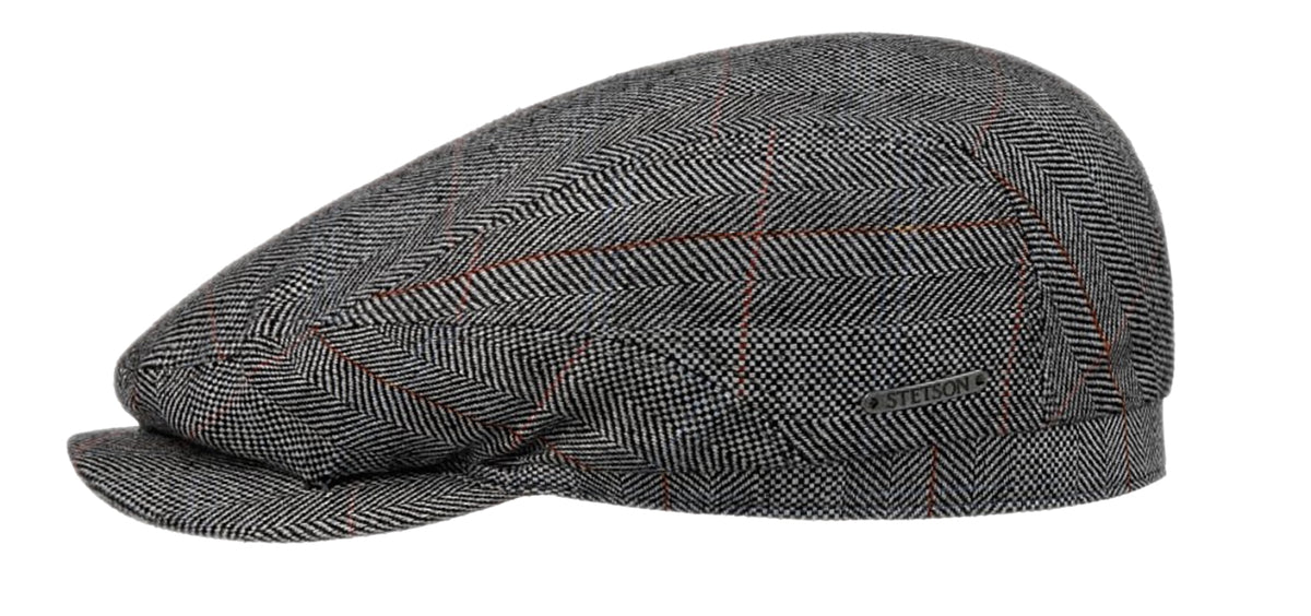 Stetson Silk Herringbone check Drivers style flat cap in Silver Grey ...